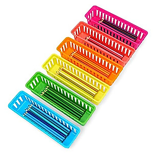 12-Pack Small Pencil Holder Trays, Elementary Teacher Supplies for Classroom Must Haves, Caddy, Plastic Organizer Baskets for Office Storage, Organization, Decorations (Rainbow, 10.0x2.9x2.4 in)
