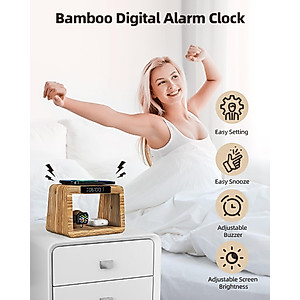 Bamboo Wireless Charging Station,Wireless Charger with Digital Alarm Clock and Night Light, Fast Charger Stand for iPhone 15/14/13/12/11 Pro Max/X/Xs, AirPods Pro, iWatch Series 8/7/6/5/SE