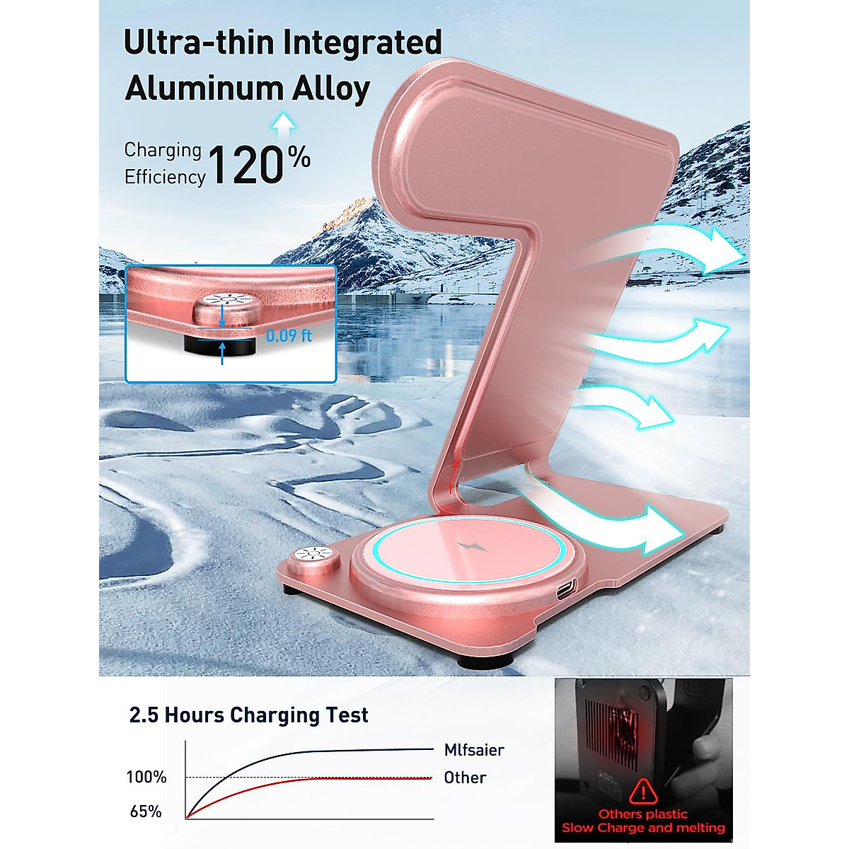 Malfsaier 3 in 1 Charging Station Pink,Aluminum Alloy Multiple Fast Wireless Charger Stand for iPhone 15/14/13/12/11/Pro/Max/XS/XR/X/8/Plus, for Apple Watch 7/6/5/4/3/2/SE, for AirPods 3/2/Pro
