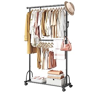 Gewudraw Double Rod Clothes Rack with Wheels Clothing Racks for Hanging Clothes, Rolling Garment Rack with Shelf Sturdy Closet Rack, Clothes Hanger Rack with hook for Pants, Dresses, Easy to Assemble