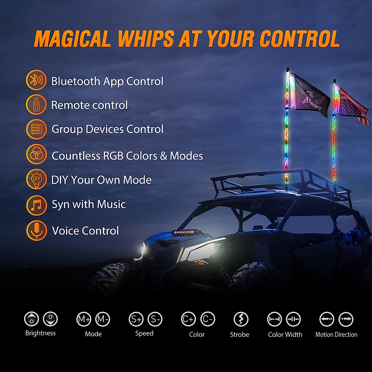 Nilight 2PCS 3FT RGB LED Whip Light, Remote App Control w/DIY Chasing Patterns Stop Turn Reverse Lighting Modes Safety Lighted Antenna for ATV UTV Polaris RZR Can-am Dune Buggy Jeep