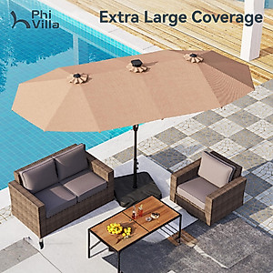 PHI VILLA 13ft Large Patio Umbrella with Solar Lights, Double-Sided Outdoor Market Rectangle Umbrella with 120 PCS LED Lights, Beige (No Base)