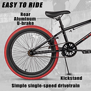cubsala 18 Inch Big Kids BMX Bicycle Freestyle Bike for Age 5 6 7 8 9 Years Old Boys Girls and Youth Beginners, Black with Red Tires