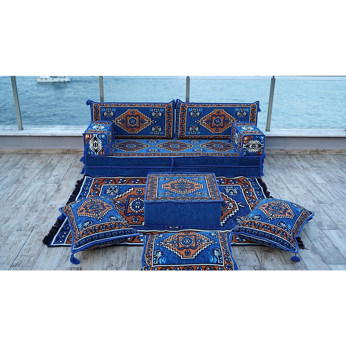 Royal Blue 8" Thickness Arabic Floor Sofa, Meditation Yoga Loveseat, Sectional Sofa, Arabic Majilis, Healing Room Floor Cushion, Sofa Covers (Sofa Full Set)
