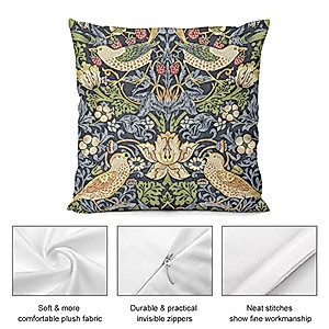 Nebra William Morris Strawberry Thief Original Throw Pillow Covers Cozy Square Throw Pillowcases Home Decor for Bed Couch Sofa Living Room Cushion Cover 18"X18"