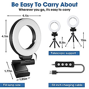 FDKOBE Webcam Lighting,Ring Light for Laptop/Computer,Zoom Call Lighting,4''Small Video Conference Lighting with Webcam Style Mount and Tripod,3 Light Modes&10 Brightness Levels,Selfie 3000k
