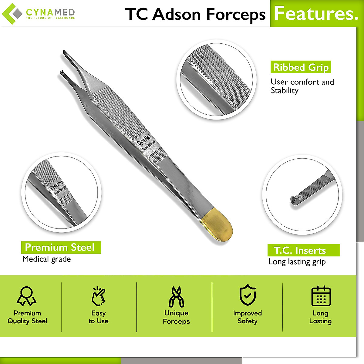 Cynamed T/C Adson Plastic Surgery Forceps 4.75" Straight Fine Point with Tungsten Carbide Inserts Surgical Veterinary Instruments with Gold Handle (1X2 Teeth, Adson Tissue Forceps, TC)