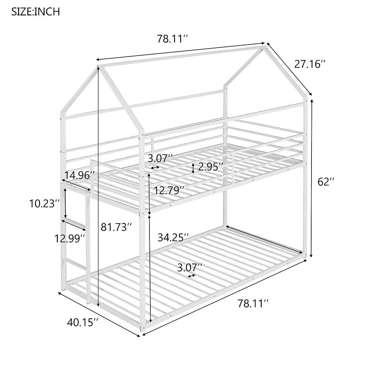 LostCat Twin Over Twin Metal Bunk Bed, House Low Bunk Bed Frame w/Safety Guardrail & Ladder, No Box Spring Needed, SEasy to Install, for Kids, Teens, Girls, Boys, White