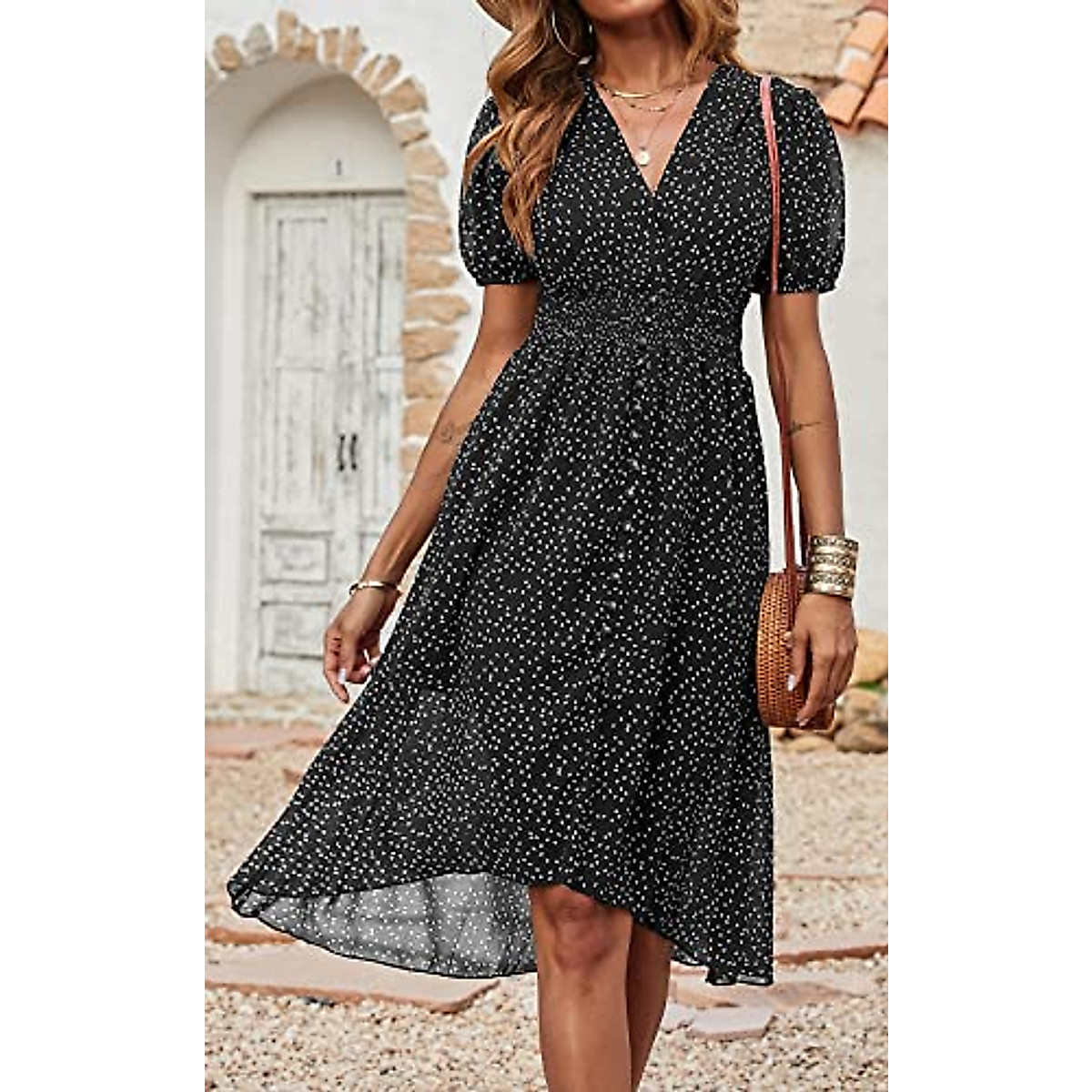 PRETTYGARDEN Casual Summer Dresses for Women Knee Length Polka Dot Floral Printed Short Sleeve Wrap Dress Midi Button Down Dress for Women Wedding Guest (Black, Medium)