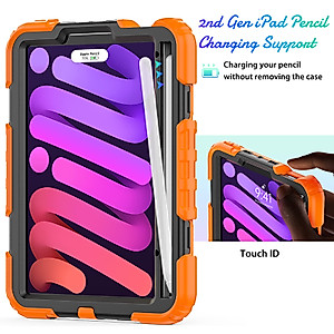 timecity Case for iPad Mini 7th/6th Generation 2024/2021 8.3 inch, Full-body Protective Case for iPad Mini 7/ Mini 6 with Screen Protector Pencil Holder Swivel Stand Hand/Shoulder Strap Case- Orange