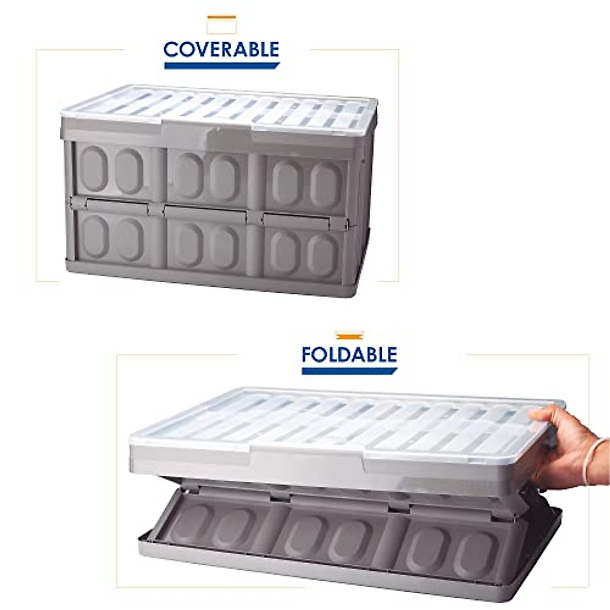 Collapsible and Foldable Plastic Storage Bins Containers. Stackable Organizer Storage Box and Utility Crates for your Home and Vehicle (S, w/ Lid)