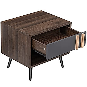 Nightstand Set of 2 with Drawer and Storage Shelf, Mid Century Modern Night Stand Walnut, 1-Drawer Small Wooden Bedside Tables with Solid Wood Legs, Wood End Side Tables for Bedroom, Living Room