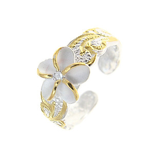 Arthur's Jewelry 925 sterling silver 2 tone yellow gold plated 8mm Hawaiian scroll plumeria flower cz toe ring