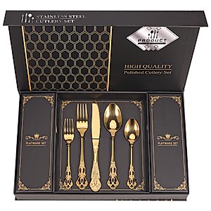 Retro Royal Gold Silverware Set With Gift Box For 8 Cutlery Set Utensils Stainless Steel Flatware 40 Pieces MIKIWAY Kitchen Tableware Set For Gifts Festive, Dishwasher Safe, Mirror Polishing