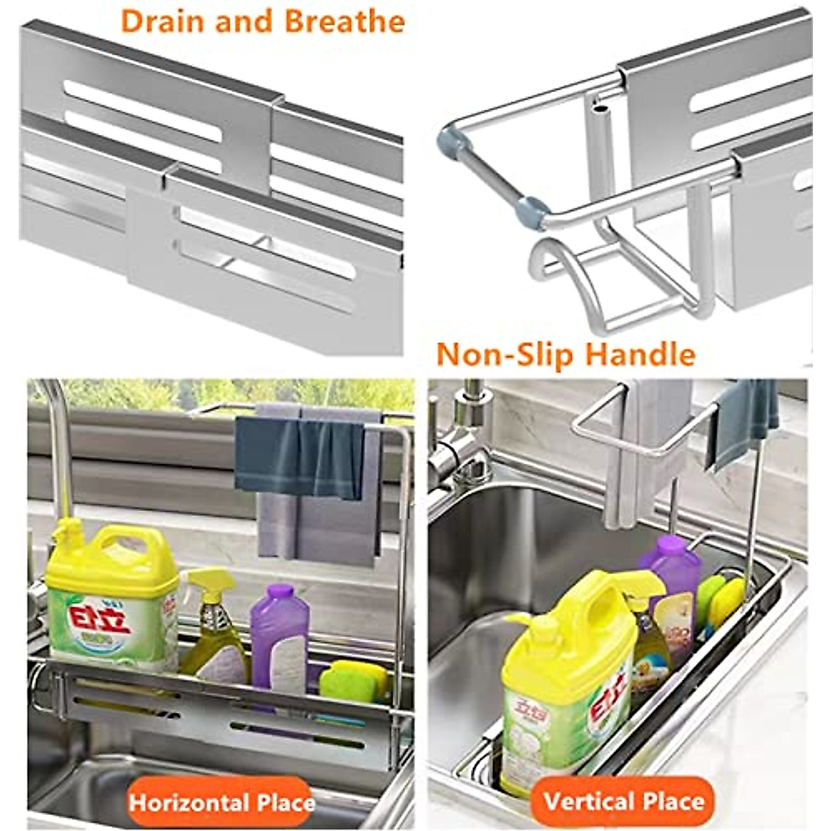 BEENLE 304 Stainless Steel Telescopic Sink Caddy Sponge Holder,Expandable Kitchen Sink Organizer Dish Drainer Rack Sink Tray Brush Soap Holder(14.6''-18.5''), Without Chopstick Holder