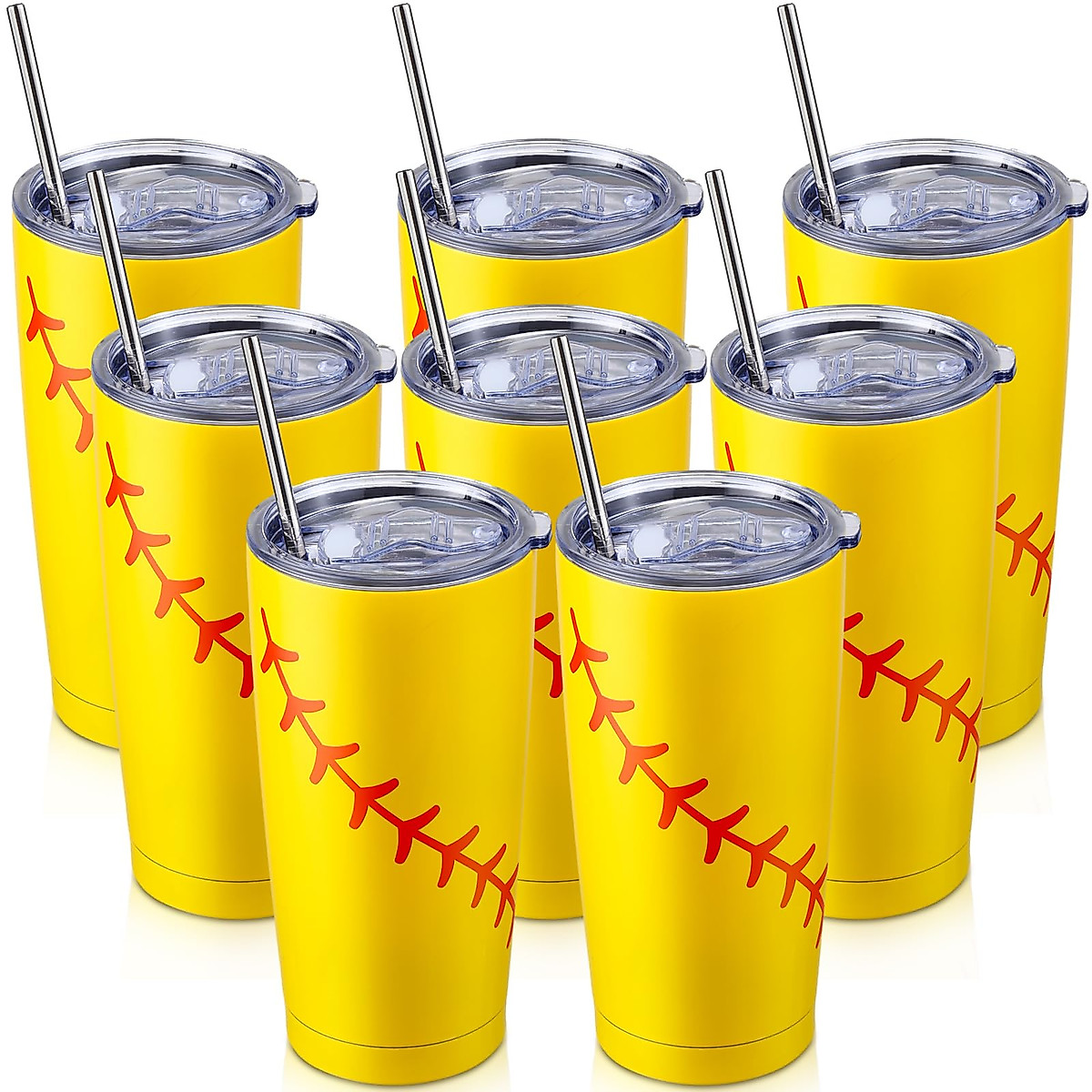 Suclain 8 Pcs Softball Insulated Tumbler with Lid and Straws 20 oz Baseball Tumbler Softball Coach Cup Double Wall Vacuum Stainless Steel Cup Travel Coffee Mug for Home Office Party (Ice Bully)