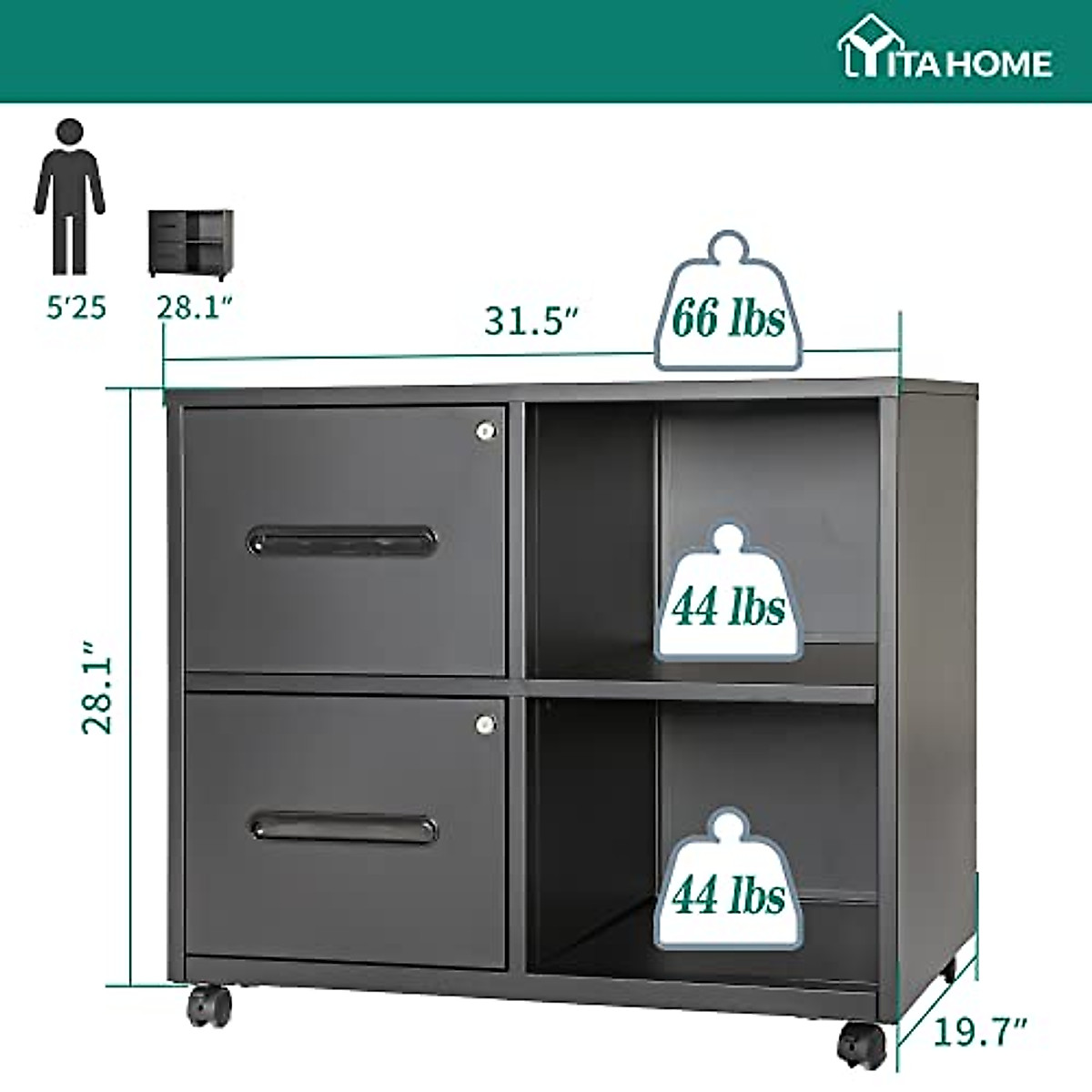 YITAHOME 2-Drawer Filing Cabinet, Thickened Steel Mobile Lateral Filing Cabinet On Wheels for A4/Letter Size, Printer Stand with Open Storage Shelves for Home Office
