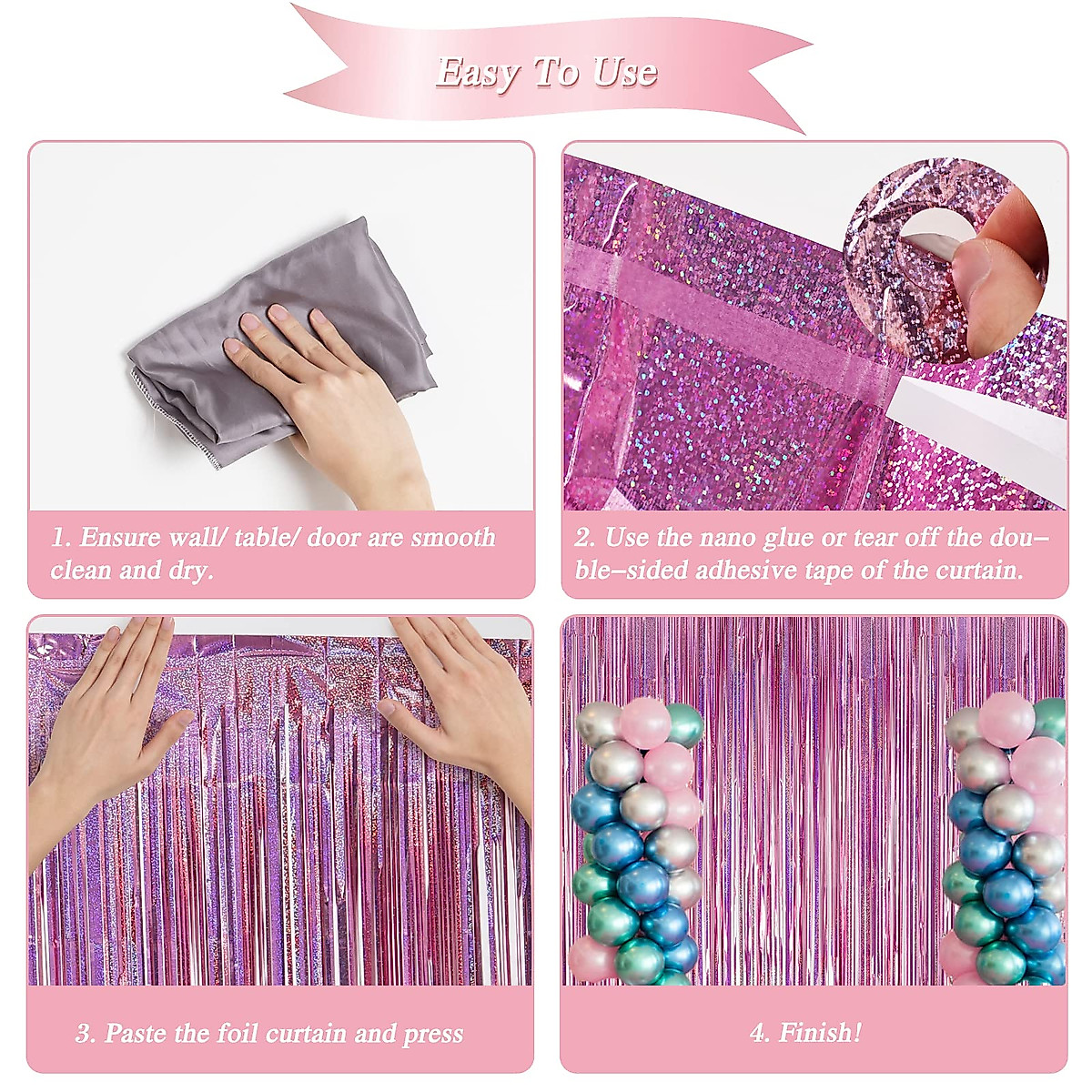 RUBFAC Pink Tinsel Backdrop for Pink Party Decorations, Pink Foil Fringe Curtain, 6.4x8 Feet, Pack of 2, Pink Streamers Decorations for Princess Birthday Bachelorette Wedding