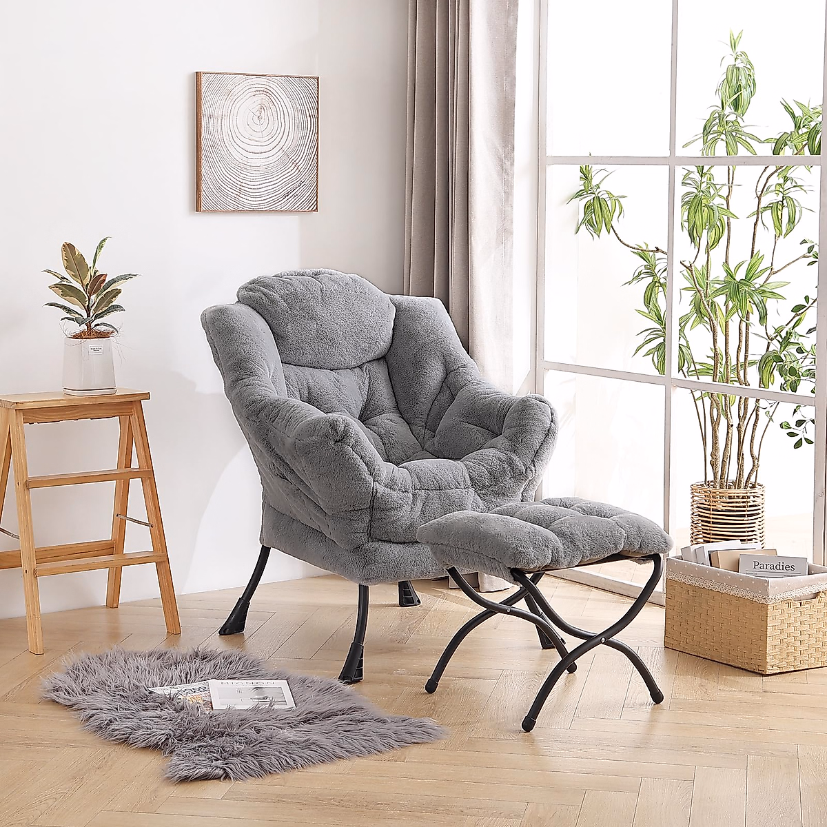 LITA Lazy Chair with Ottoman, Modern Accent Leisure Upholstered Sofa Chair, Contemporary Lounge Reading Chair with Armrests and a Side Pocket for Living Room, Bedroom & Small Space, Plush Grey