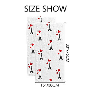 Hand Bath Towels 2 Pack Hearts and Eiffel Tower Absorbent Face Fingertip Towels for Bathroom Kitchen Gym Spa Soft Hair Drying Cloth Quick Dry, 30 x 15 Inch