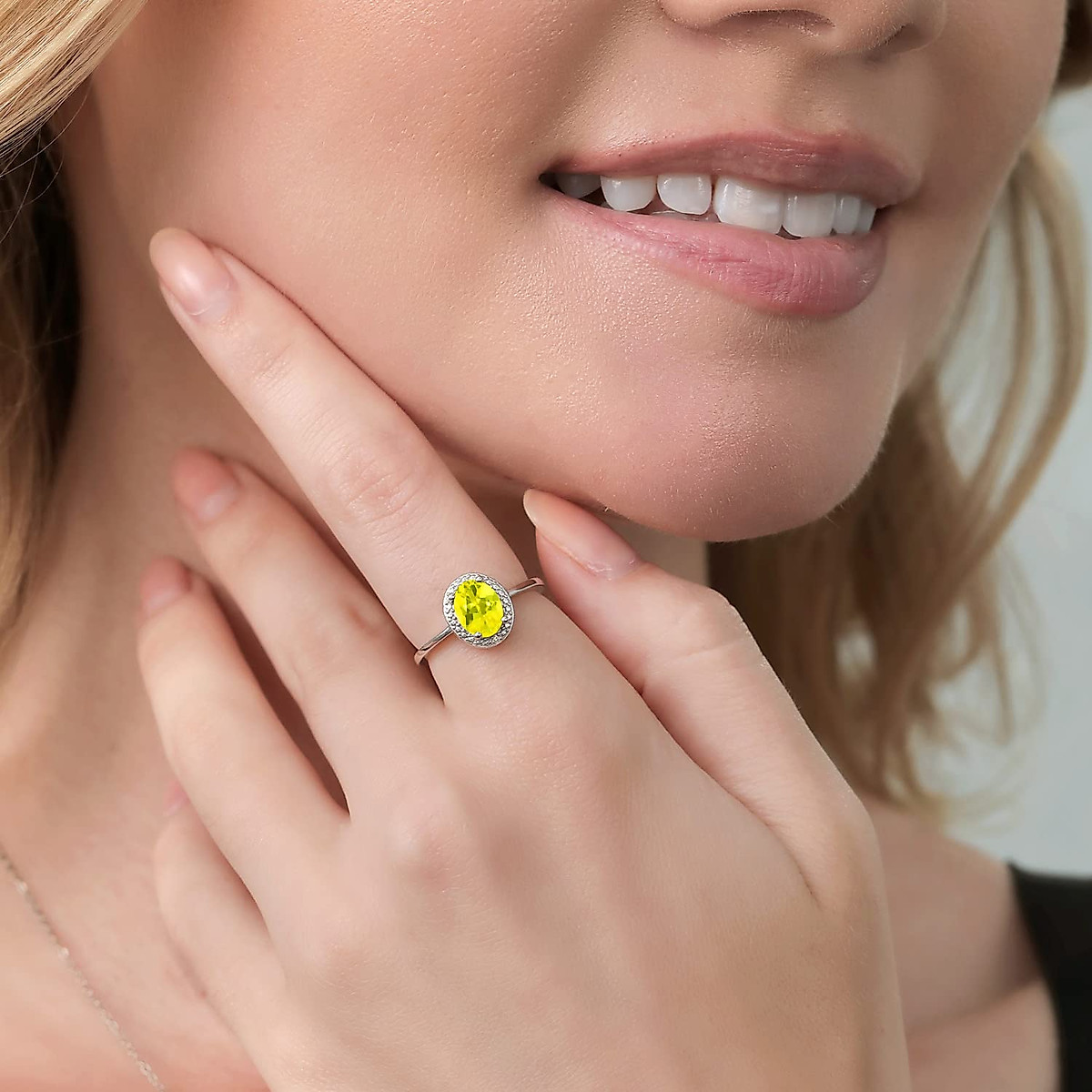 Gem Stone King 925 Sterling Silver Canary Mystic Topaz and White Diamond Engagement Ring For Women (1.31 Cttw, Gemstone Birthstone, Oval 8X6MM, Available In Size 5, 6, 7, 8, 9)