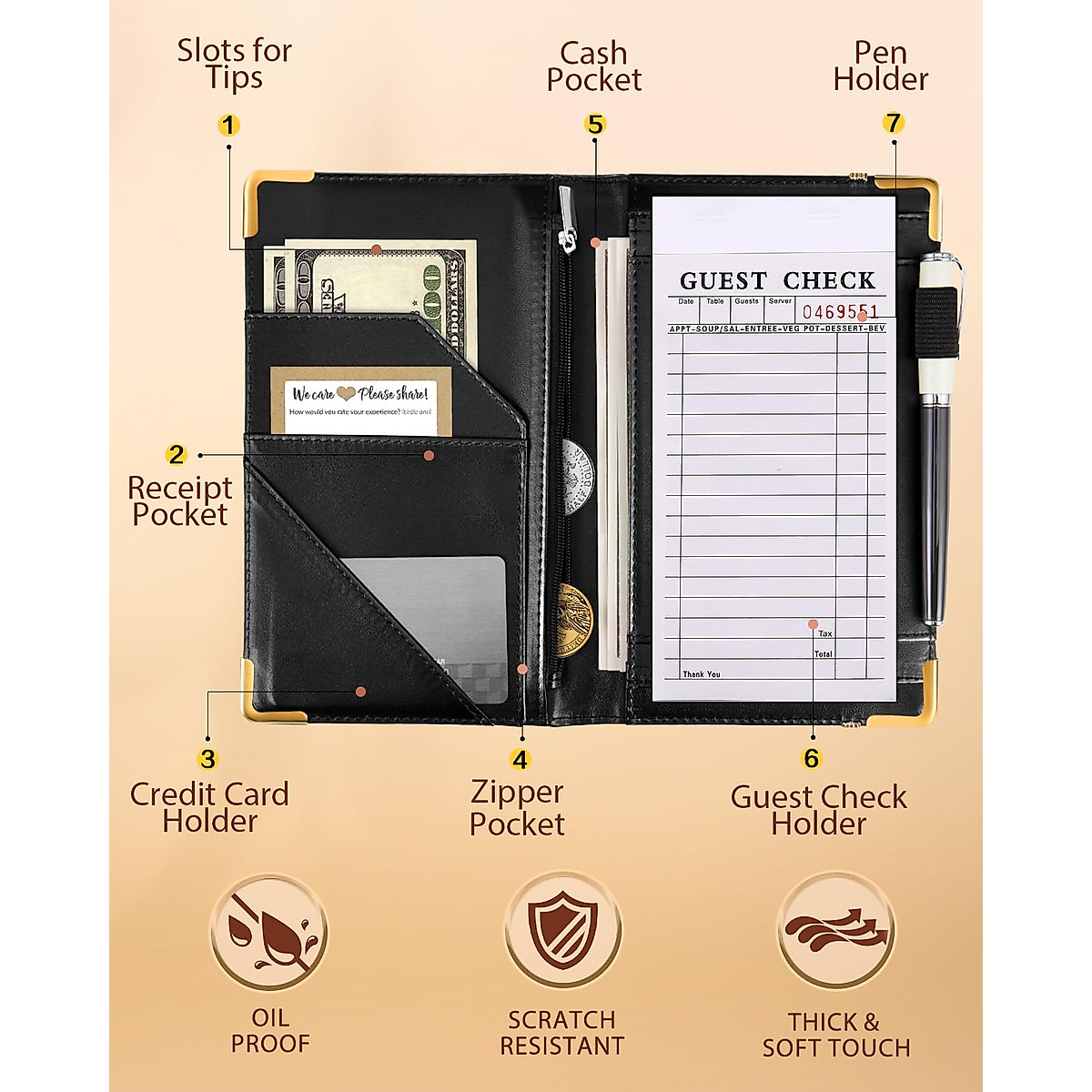 Slohif Server Book for Waitress Cute Serving Books with Zipper Pocket Accessories Leather Server Check Book Restaurant Waiter Server Booklet Ticket Book Holder Smile