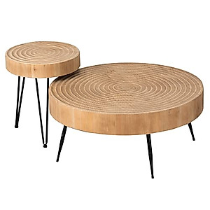 COZAYH 2-Piece Modern Farmhouse Living Room Coffee Table Set, Nesting Table Round Natural Finish with Handcrafted Wood Ring Motif
