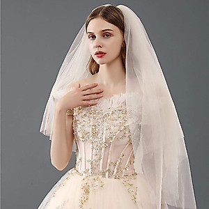 Aularso Lace Wedding Veil with Comb Fingertip Length Bridal Veils Star 2Ties Cut Edge Tulle Veil for Brides (Champagne)