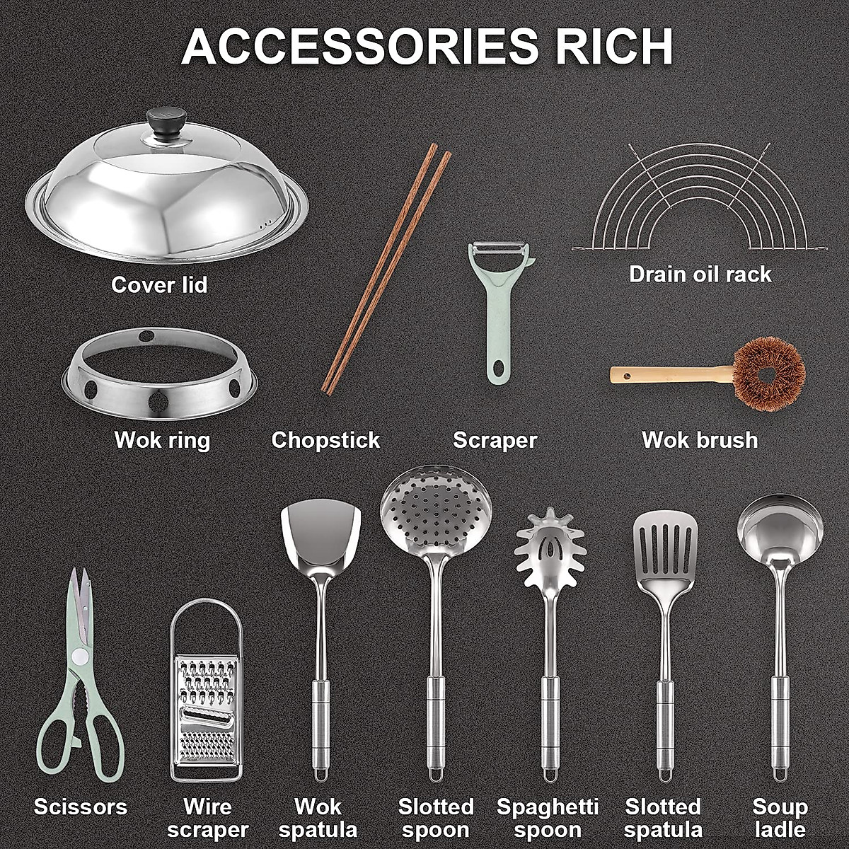 DZZIT 13" Carbon Steel Wok, 14 Pcs with Lid Round Bottom Wok Set, No Chemical Coated Chinese Wok, 12 Cookware Accessories, Wok with Detachable Wooden Handle, for Gas Stove or Cassette Furnace