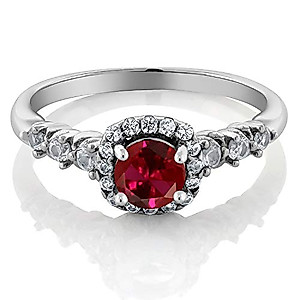 Gem Stone King 925 Sterling Silver Red Created Ruby and White Created Sapphire Engagement Ring For Women (1.02 Cttw, Round 5MM, Available 5,6,7,8,9) (Size 8)