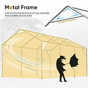 ADVANCE OUTDOOR 10x20 ft Heavy Duty Adjustable Carport with 6 Roll-up Ventilated Windows & Removable Sidewalls Car Canopy Garage Boat Shelter Party Tent, Peak Height from 9.5ft to 11ft, Beige Yellow