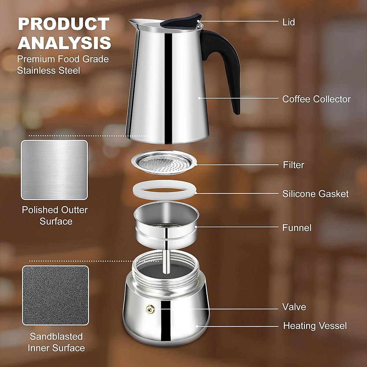 DITOSH 6 Cup Stovetop Espresso Maker Stainless Steel Moka Pot Espresso Maker Percolator Italian Coffee Maker Capable Mocha Coffee Machine Cafe Classic Maker for Home & Camping 300ml 10oz