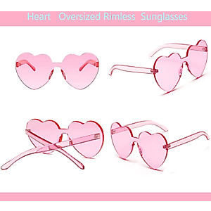 JFTOWN 6 Pairs Pink Heart Shape Rimless Valentines Sunglasses Candy Color Frameless One Piece Love Glasses Tinted Eyewear for Women Party Favor (Pink)