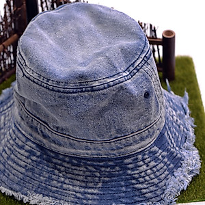 BLUEGLORY Cotton Breathable Denim Distressed Bucket Hat, Sun Hat, Hat for Men and Women (BLUL)