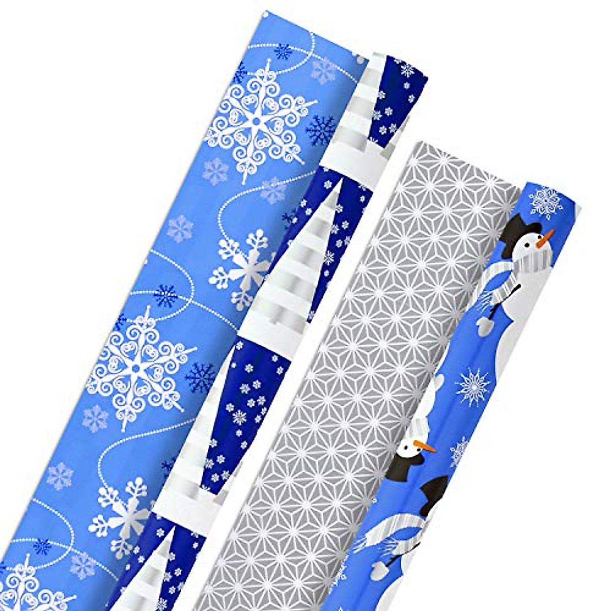 Hallmark Holiday Reversible Wrapping Paper Bundle, Blue and Silver (Pack of 2, 60 sq. ft. ttl) Snowmen, Snowflakes, Christmas Trees