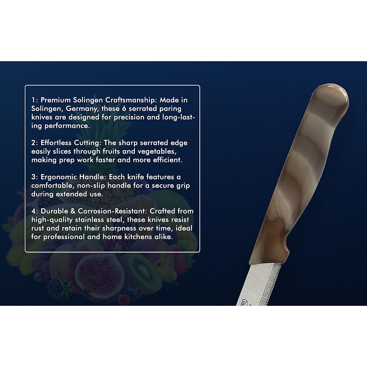 SMI - 6 Pcs Paring Knife Set Serrated Edge, Vegetable Knife, Fruit Knife, Kitchen Knife Made in Solingen Germany (Brown White)