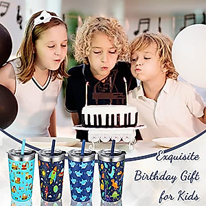 4 Pack Kids Cups with Straw Lid, Toddler Smoothie Cup Spill Proof Vacuum Stainless Steel Insulated Tumbler for Boys, 4 Styles Powder Coated Baby Child Cup + BPA Free Lids + Silicone Straws (12 Oz)