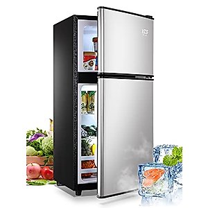 KRIB BLING 3.5Cu.Ft Compact Refrigerator Mini Fridge with Freezer, Small Refrigerator with 2 Door, 7 Level Thermostat Removable Shelves for Kitchen, Dorm, Apartment, Bar, Office Silver
