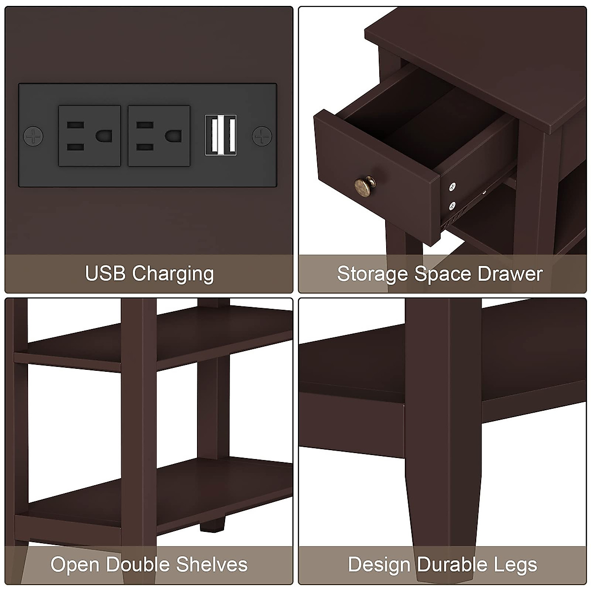 ChooChoo Narrow End Table Set of 2,Side Table Living Room with USB Ports & Power Outlets and Hidden Drawer, 3-Tier Skinny Nightstand with 2 Open Storage Shelves for Small Place(Espresso)