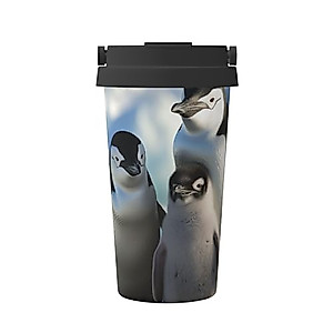Reusable Coffee Mug with Lid and Handle, Penguin Parents and Chicks Antarctica Large Tumbler for Hot & Cold Drinks 16oz Stainless Steel Insulated Coffee Tumblers Double Wall Vacuum Thermal Cup