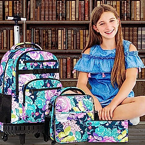 Rolling Backpack for Girls, 21 Inch Water Resistant Flowers Butterfly Bookbag with Roller Wheels, Elementary Wheeled Backpacks for Teens Students School Travel