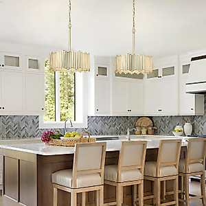 Wrlmfy Gold Drum Chandelier 4-Light, Modern Drum Pendant Lighting Fixture with Tiffany Glass Shade, 16” Round Ceiling Hanging Light for Bedroom Dining Room Kitchen Entryway Living Room (gold)