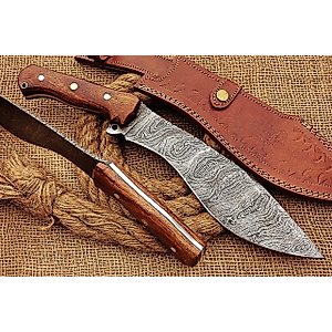 HUNTEX Handmade Hand-Forged Twist Pattern Damascus Steel 15 Inch Long Full Tang Natural Walnut Wood Handle Razor Sharp Hunting Camping Kukri Knife w/Genuine Leather Sheath