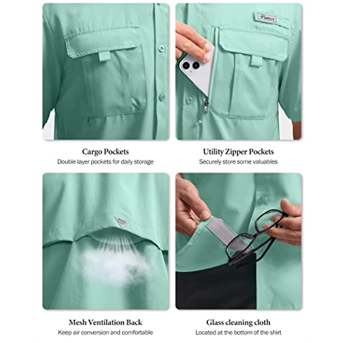 Pudolla Men's Fishing Shirts Short Sleeve Travel Work Shirts Summer Button Down Shirts for Men UPF50+ with Zipper Pockets(Arona, Large)