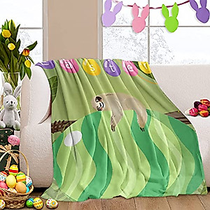 Throw Blankets Cute Sloth with Colorful Easter Eggs Fuzzy Soft Bed Cover Bedspread Microfiber Luxury Blanket for Travel Stadium Camping Couch Sofa Chair Green