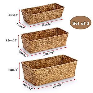 OGANAZI 3 Natural Wicker Basket Set Rectangular Handwoven Seagrass Basket Storage Bins Home Organizer Bins - Household Basket Box for Shelf Wardrobe Desktop Home Decor (Caramel)