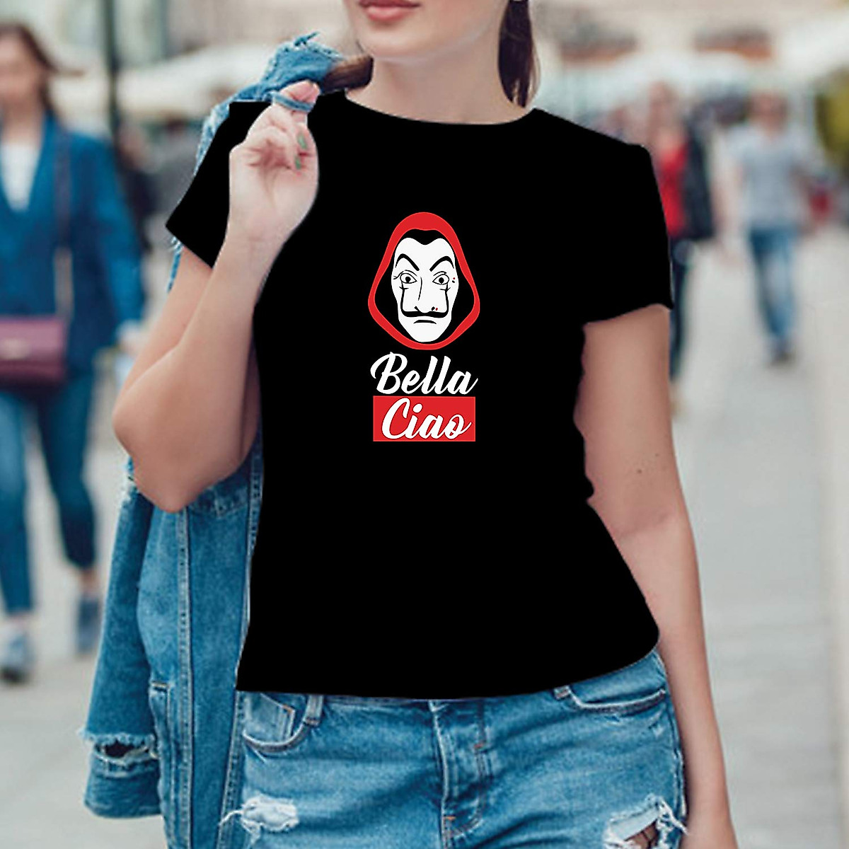 BannerBuzz, Bella Ciao Crew Neck T-Shirt Short Sleeve, Cotton Fabric, Unisex, Digitally Printed, Fabric Warranty for up to 25 Washes (Medium, Black)