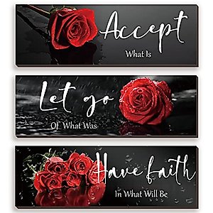 3 Pcs Red Decor Flower Inspirational Wooden Wall Art Red Roses Decor Office Wall Decor with Accept Let Go Have Faith Positive Quotes for Girl Women Bathroom Living Room Bedroom(Red Rose12 x 4 Inch)
