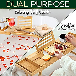 SereneLife Bath Caddy Breakfast Tray Combo - Natural Bamboo Wood Waterproof Bath Tub Caddy and Bed Tray with Folding Slide-Out Arms, Device Grooves, Wine Glass and Soap Holder SLBCAD50.5 , Brown
