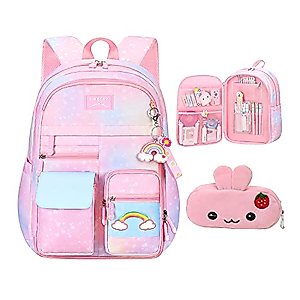Kawaii Backpack Pink Girls Backpack Starry Rainbow Bookbag Cute Fashion Backpack Laptop Travel Bag (Pink-16.5in)